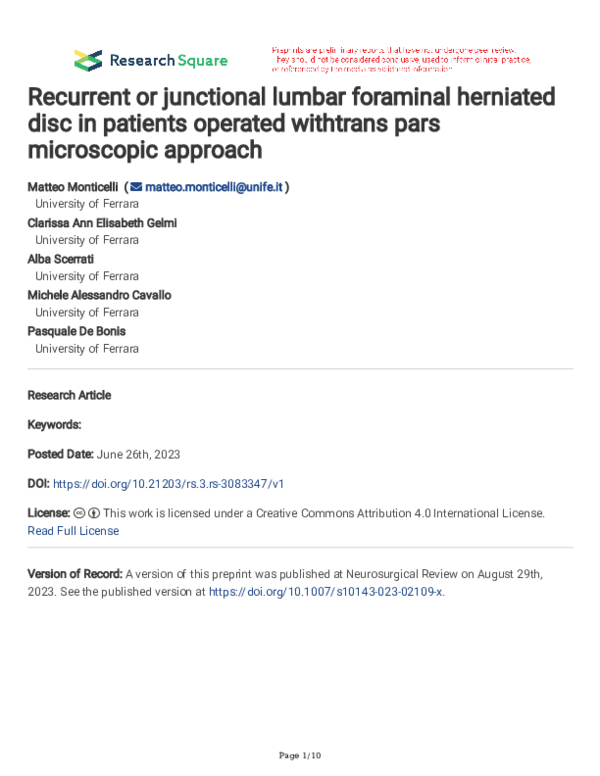 (PDF) Recurrent or junctional lumbar foraminal herniated disc in ...
