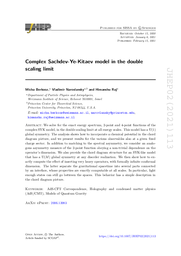(PDF) Complex Sachdev-Ye-Kitaev model in the double scaling limit
