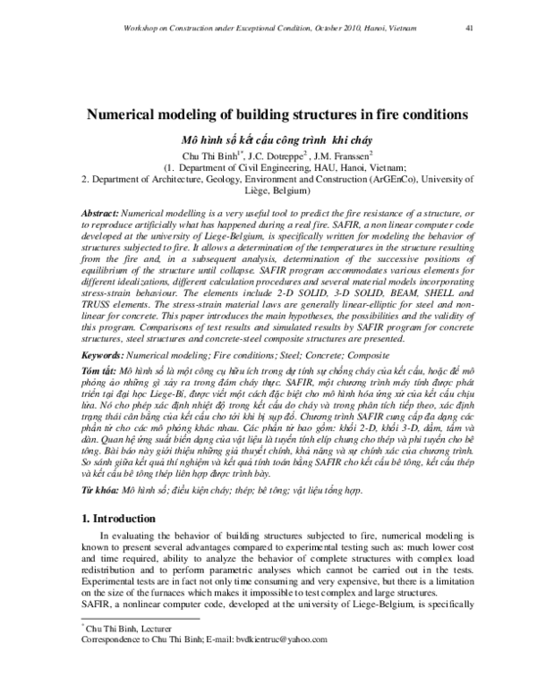 (PDF) Numerical modeling of building structures in fire conditions