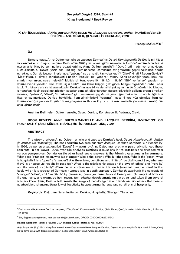 (PDF) Kitap İncelemesi: Anne Dufourmantelle ve Jacques Derrida, Davet ...