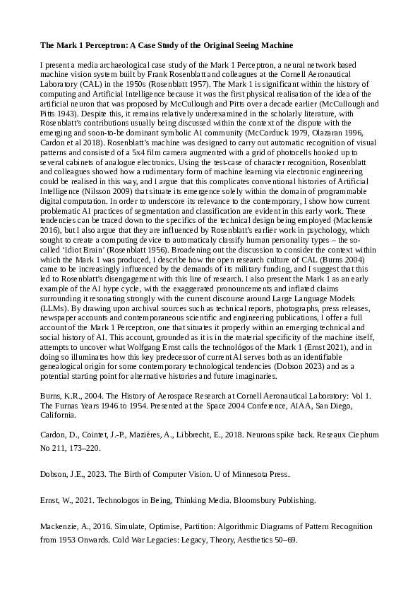 (PDF) The Mark 1 Perceptron: A Case Study of the Original Seeing Machine