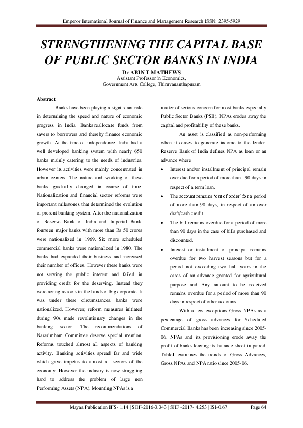 (PDF) STRENGTHENING THE CAPITAL BASE OF PUBLIC SECTOR BANKS IN INDIA