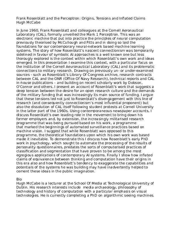 (PDF) Frank Rosenblatt and the Perceptron: Origins, Tensions and ...