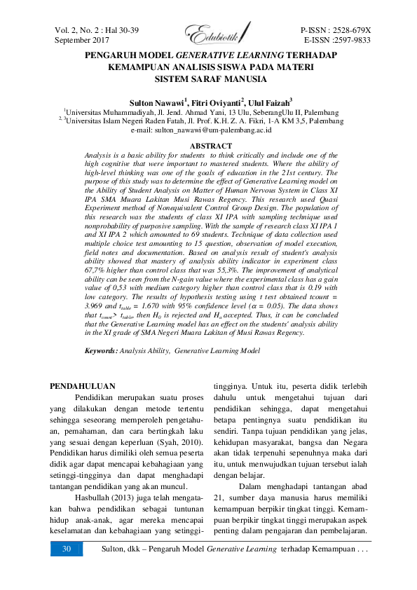 (PDF) Pengaruh Model Generative Learning Terhadap Kemampuan Analisis Siswa Pada Materi Sistem ...