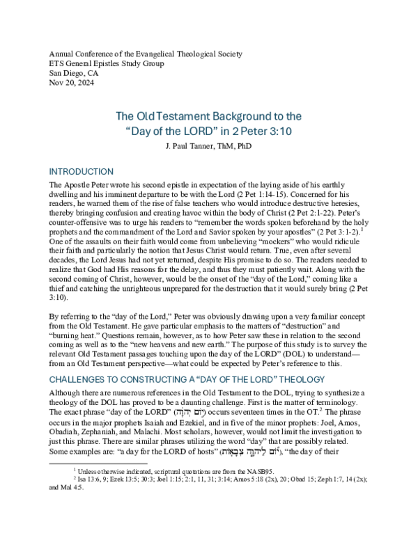 (PDF) The Old Testament Background to the "Day of the LORD" in 2 Peter 3:10
