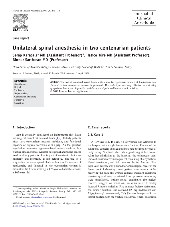 (PDF) Unilateral spinal anesthesia in two centenarian patients | Hatice ...
