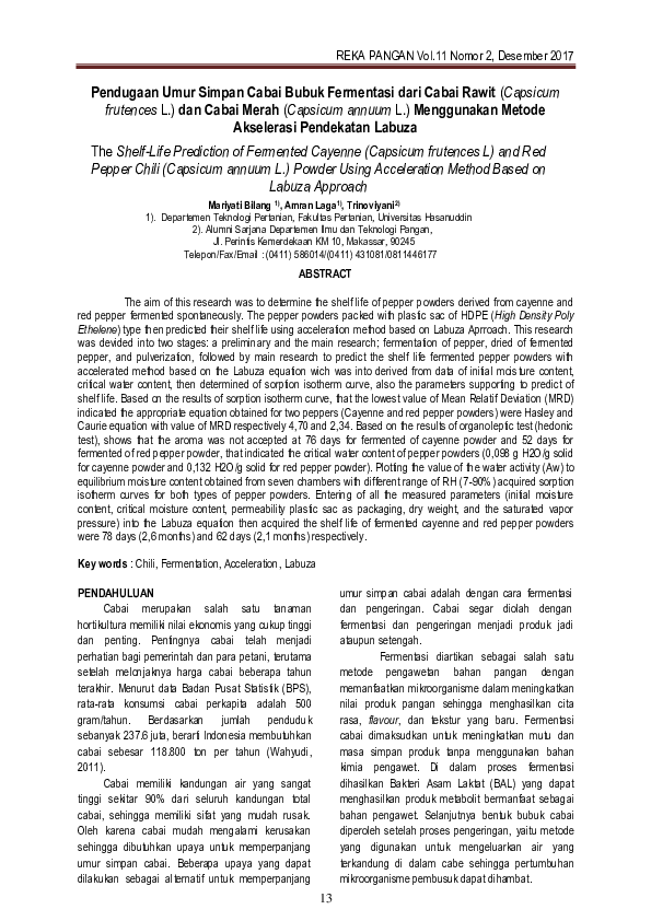 (PDF) Pendugaan Umur Simpan Cabai Bubuk Fermentasi dari Cabai Rawit ...