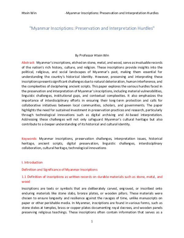 (PDF) Htein Win -Myanmar Inscriptions: Preservation and Interpretation ...