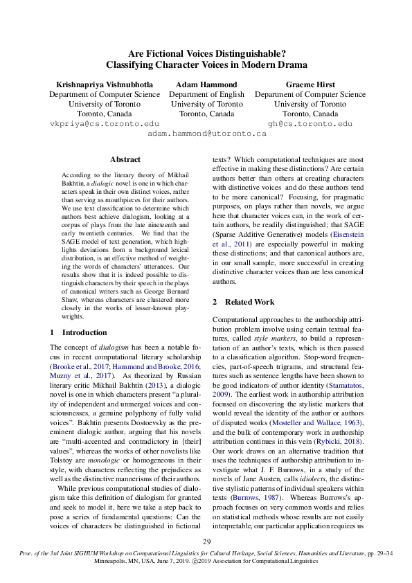 (PDF) Are Fictional Voices Distinguishable? Classifying Character ...