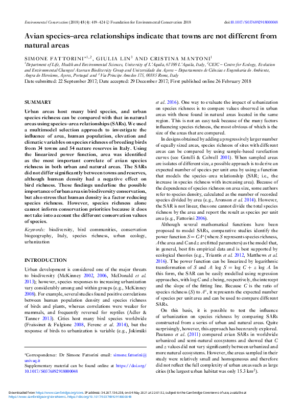 (PDF) Avian species–area relationships indicate that towns are not ...