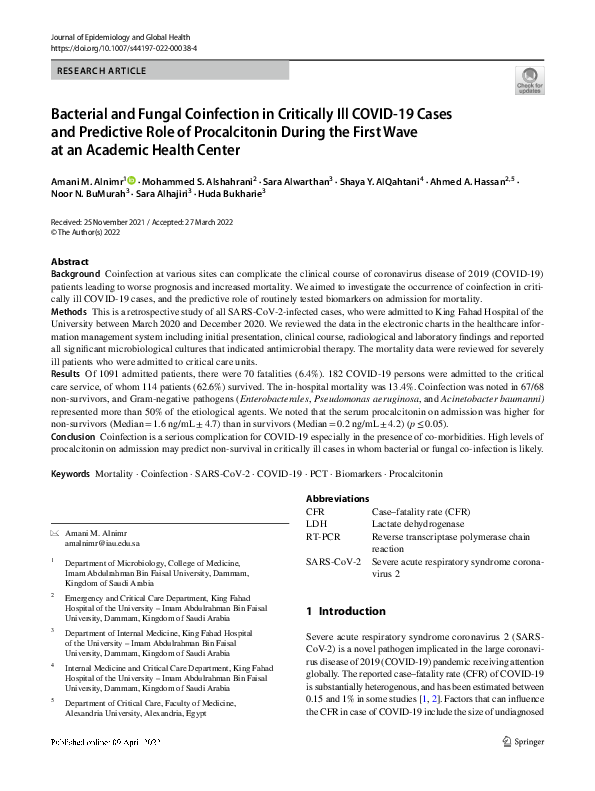 (PDF) Bacterial and Fungal Coinfection in Critically Ill COVID-19 Cases and Predictive Role of ...