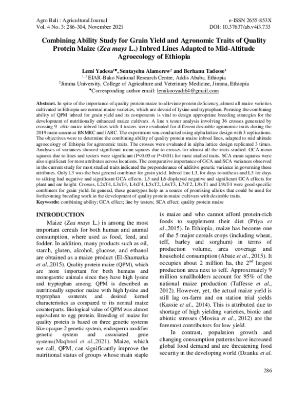 (PDF) Combining Ability Study for Grain Yield and Agronomic Traits of Quality Protein Maize (Zea ...