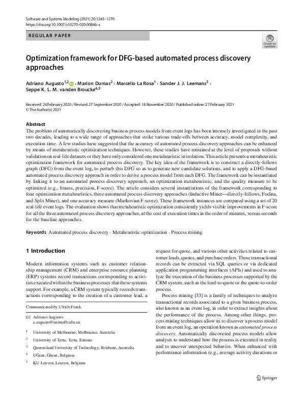 (PDF) Optimization framework for DFG-based automated process discovery approaches