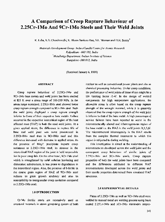 (PDF) A Comparison of Creep Rupture Behaviour of 2.25Cr-1Mo and 9Cr-1Mo ...