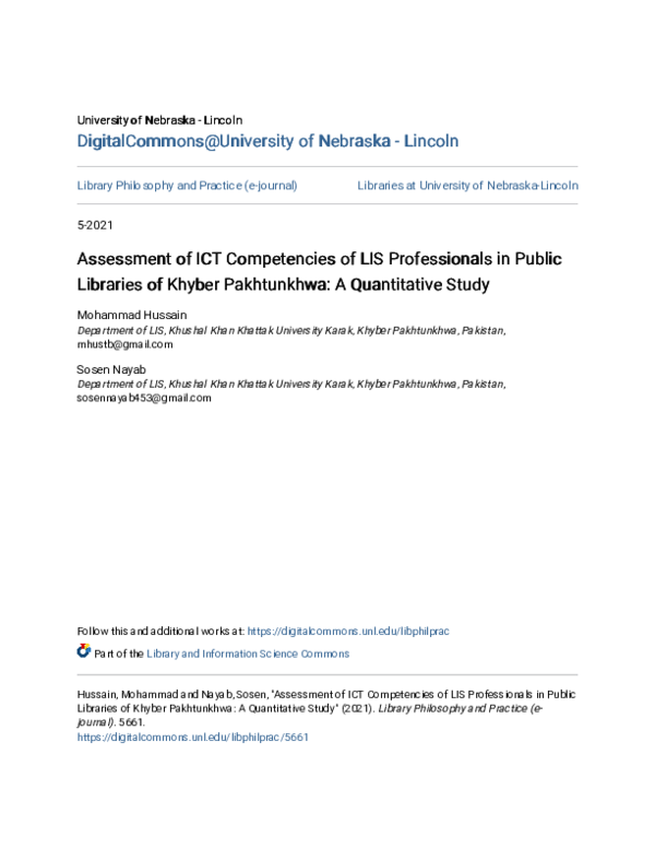 (PDF) Assessment of ICT Competencies of LIS Professionals in Public Libraries of Khyber ...