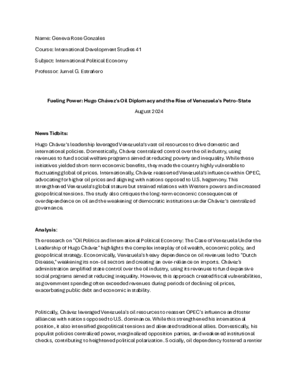 (PDF) Fueling Power: Hugo Chávez's Oil Diplomacy and the Rise of ...