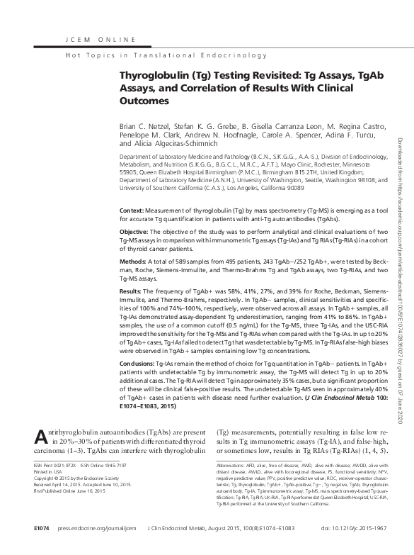 (PDF) Thyroglobulin (Tg) testing revisited: Tg assays, TgAb assays and ...