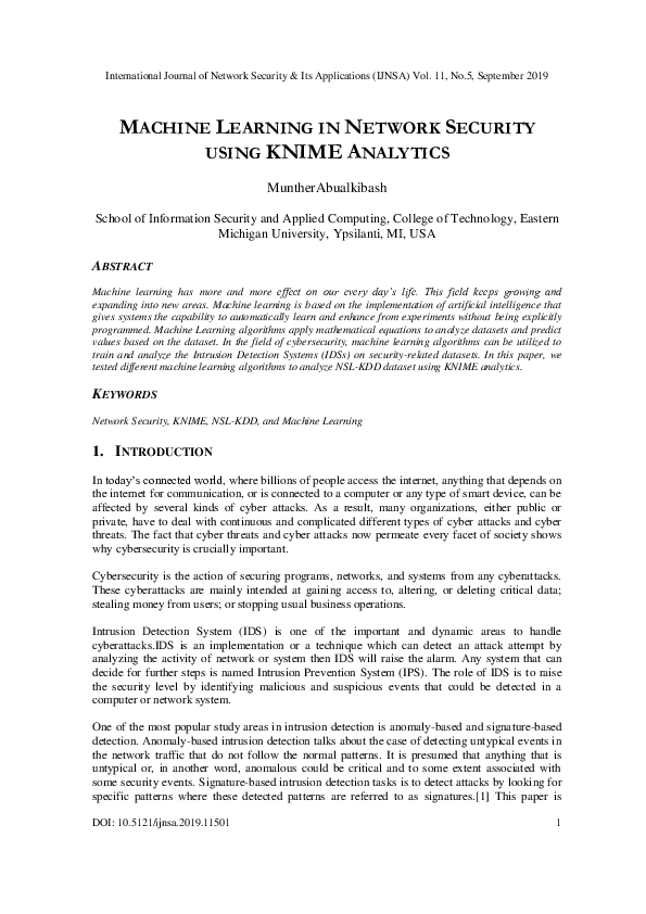 (PDF) Machine Learning in Network Security Using KNIME Analytics