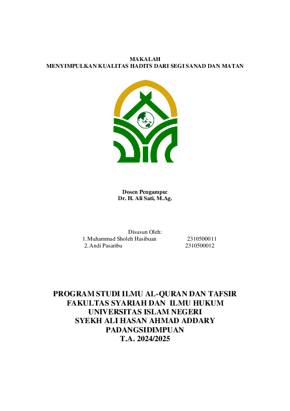 (PDF) MAKALAH Ulumul Hadits Muhammad Sholeh Hasibuan