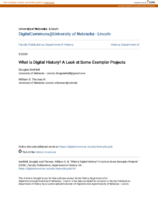 (PDF) What is Digital History? A Look at Some Exemplar Projects