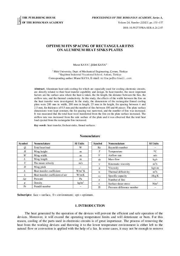 (PDF) Optimum fin spacing of rectangular fins on aluminum heat sinks plates