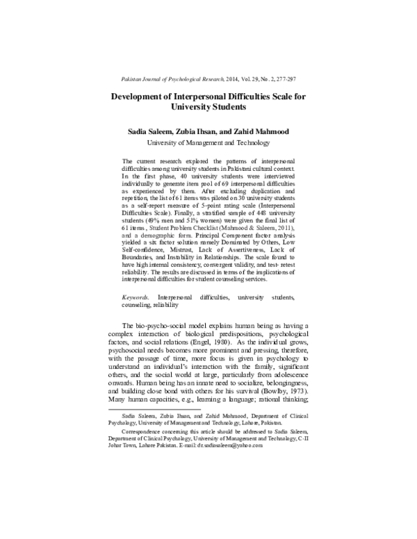 (PDF) Development of Interpersonal Difficulties Scale for University ...