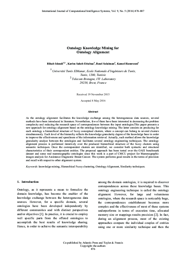 (PDF) Ontology Knowledge Mining for Ontology Alignment | Basel Solaiman - Academia.edu