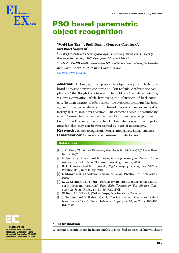 (PDF) PSO based parametric object recognition
