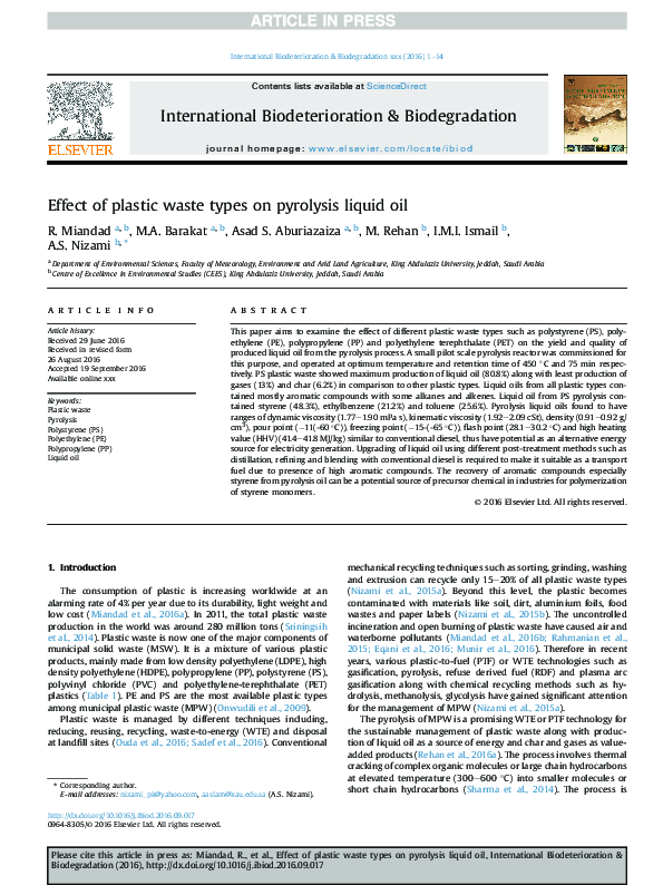 (PDF) Effect of plastic waste types on pyrolysis liquid oil