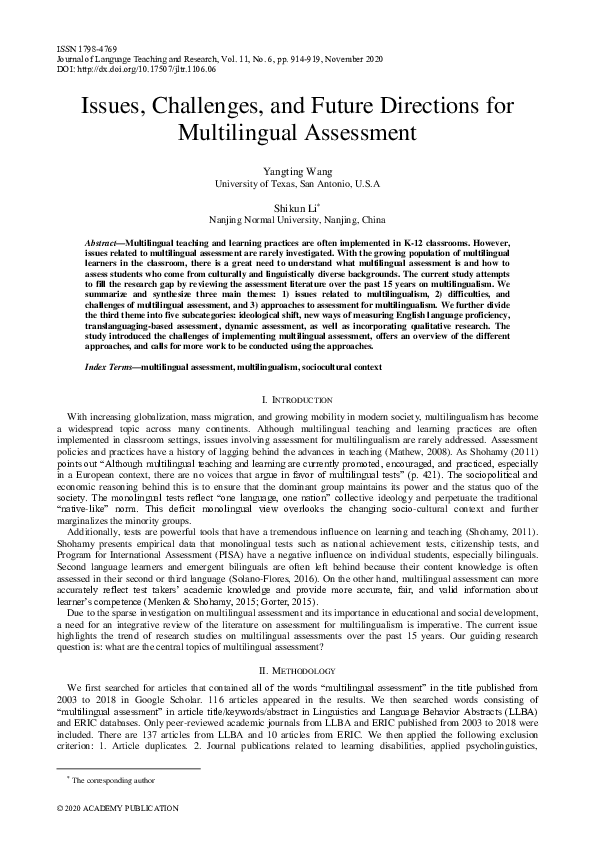 (PDF) Issues, Challenges, and Future Directions for Multilingual Assessment