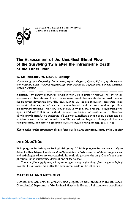 (PDF) The Assessment of the Umbilical Blood Flow of the Surviving Twin ...