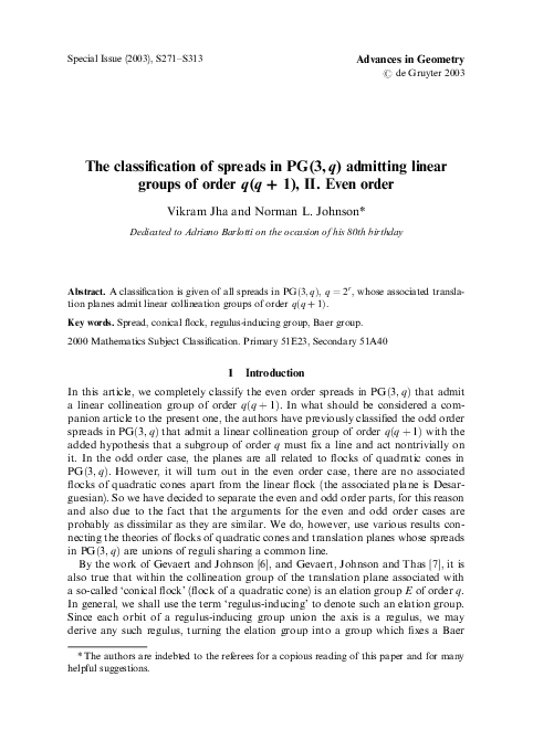 (PDF) The classification of spreads in PG(3,q) admitting linear groups ...
