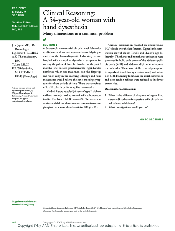(PDF) Clinical Reasoning: A 54-year-old woman with hand dysesthesia ...