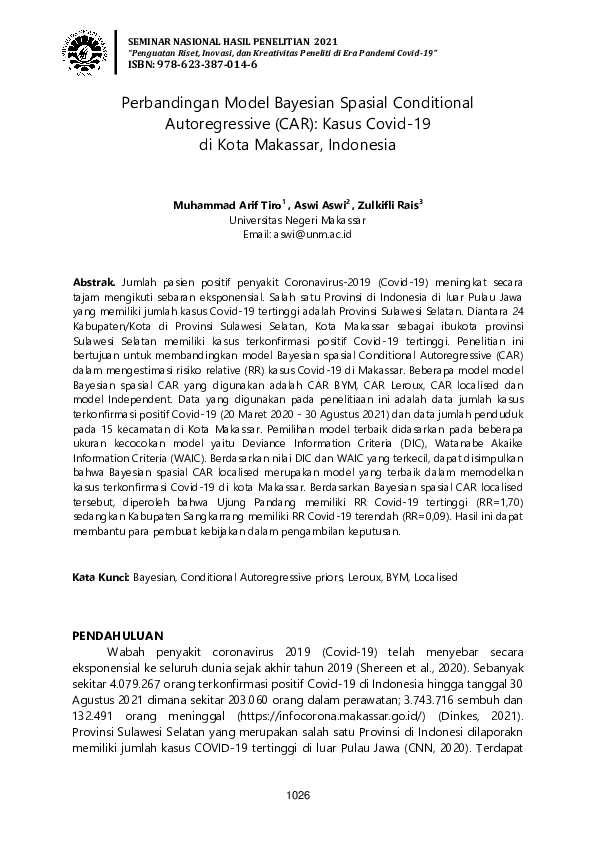 (PDF) Perbandingan Model Bayesian Spasial Conditional Autoregressive (CAR): Kasus Covid-19 di ...