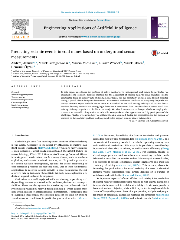(PDF) Predicting seismic events in coal mines based on underground sensor measurements
