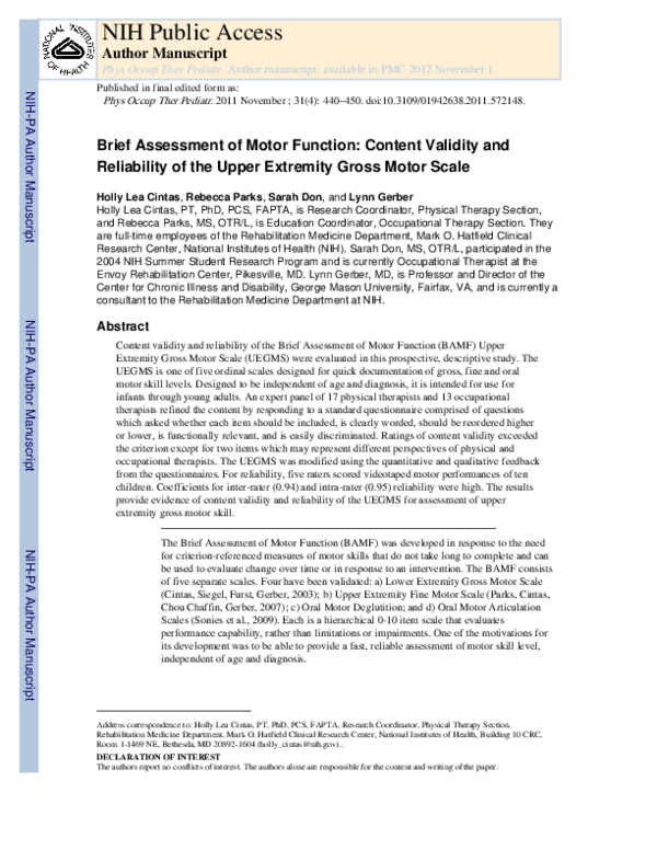 (PDF) Brief Assessment of Motor Function: Content Validity and ...