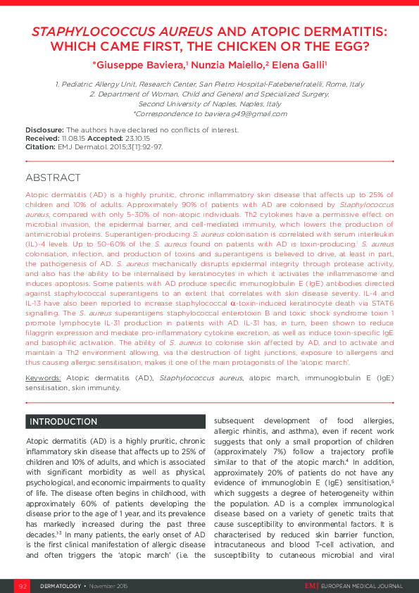 (PDF) STAPHYLOCOCCUS AUREUS AND ATOPIC DERMATITIS: WHICH CAME FIRST, THE CHICKEN OR THE EGG