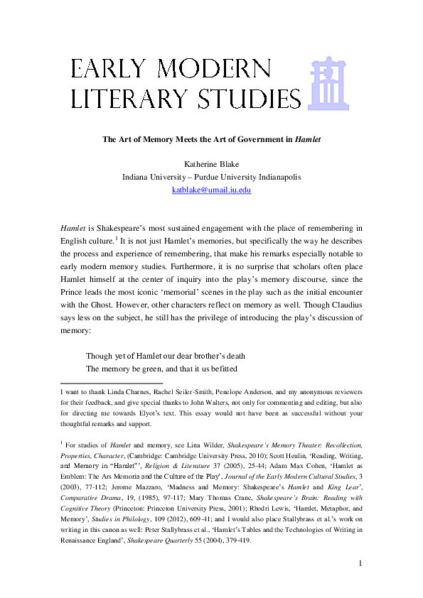 (PDF) The Art of Memory Meets the Art of Government in Hamlet