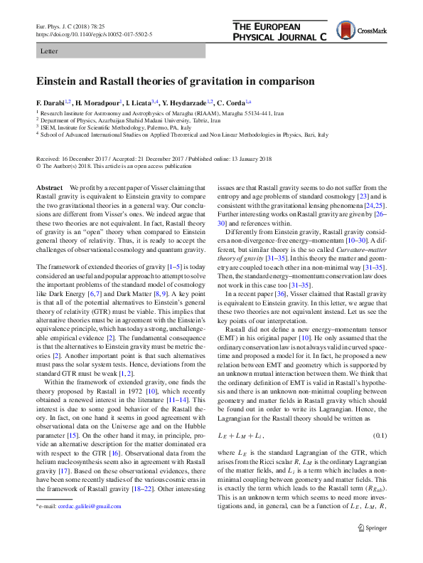 (PDF) Einstein and Rastall theories of gravitation in comparison