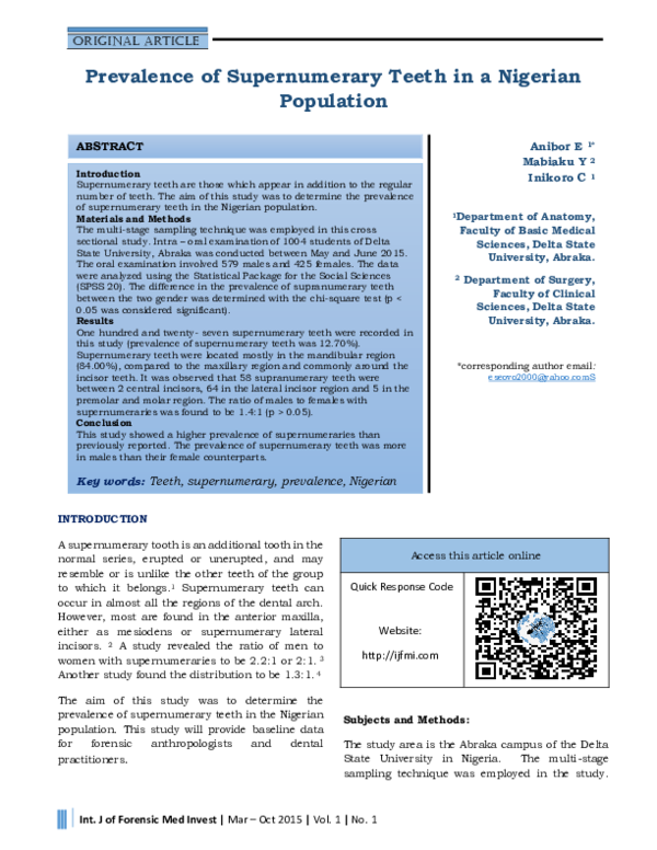 (PDF) Prevalence of Supernumerary Teeth in a Nigerian Population