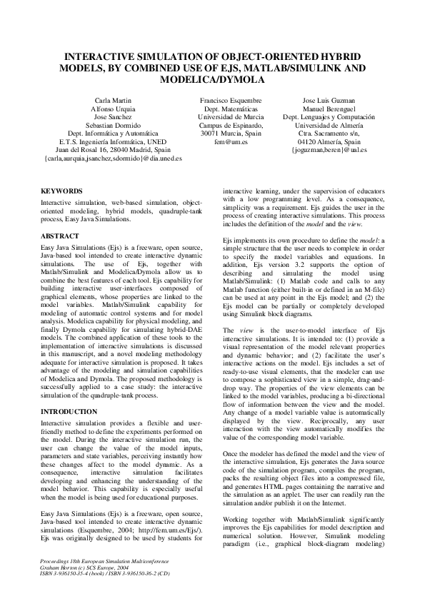 (PDF) Interactive simulation of object-oriented hybrid models, by combined use of Ejs, Matlab ...
