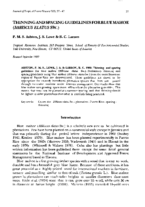 (PDF) Thinning and spacing guidelines for blue mahoe (Hibiscus elatus Sw.)
