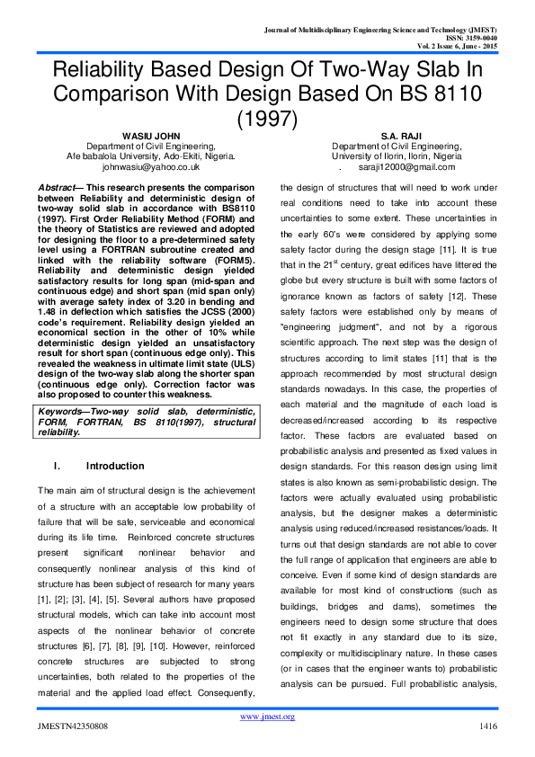 (PDF) Reliability Based Design Of Two-Way Slab In Comparison With Design Based On BS 8110 (1997)