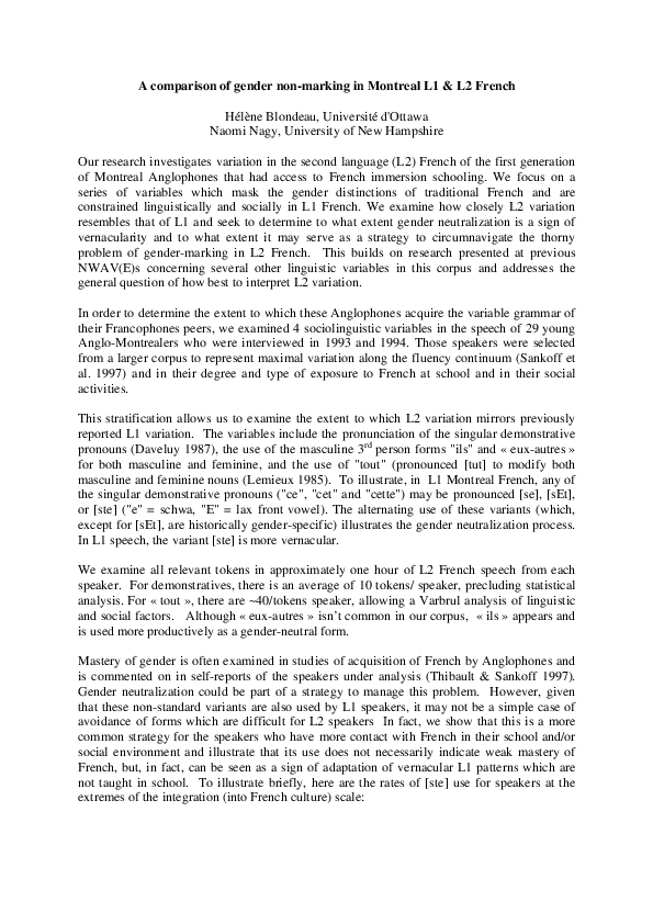 (PDF) A comparison of gender non-marking in Montreal L1 & L2 French