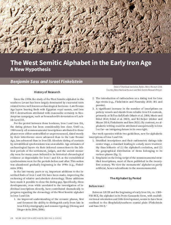 (PDF) Sass, B., and Finkelstein, I. 2023. The West Semitic Alphabet in ...