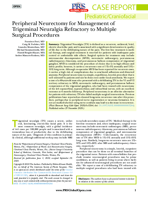 (PDF) Peripheral Neurectomy for Management of Trigeminal Neuralgia ...