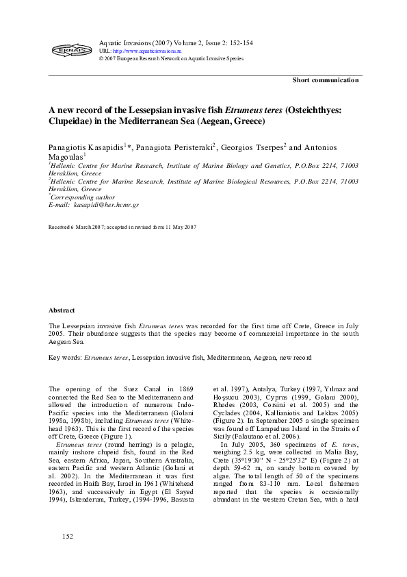 (PDF) A new record of the Lessepsian invasive fish Etrumeus teres ...