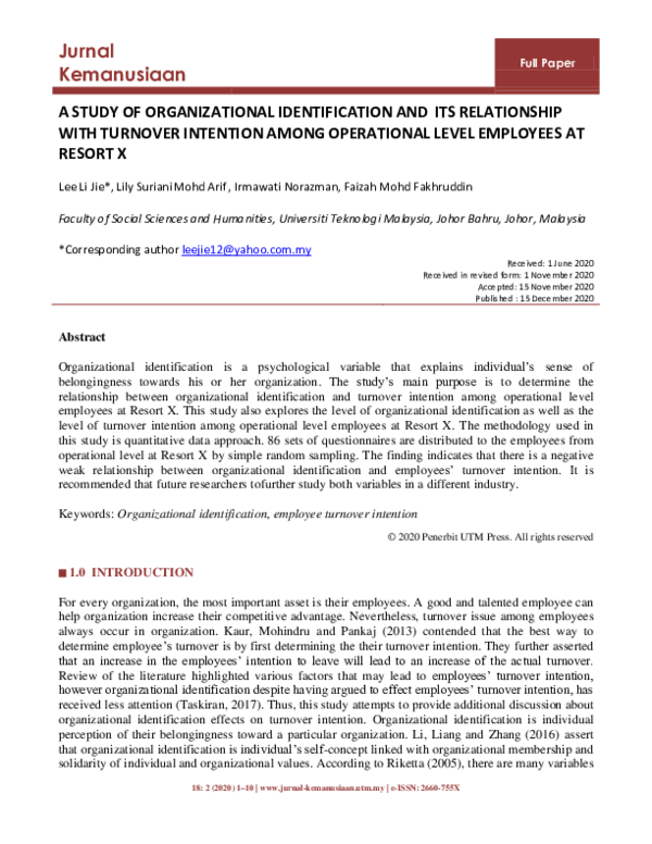 (PDF) A Study of Organizational Identification and Its Relationship with Turnover Intention ...