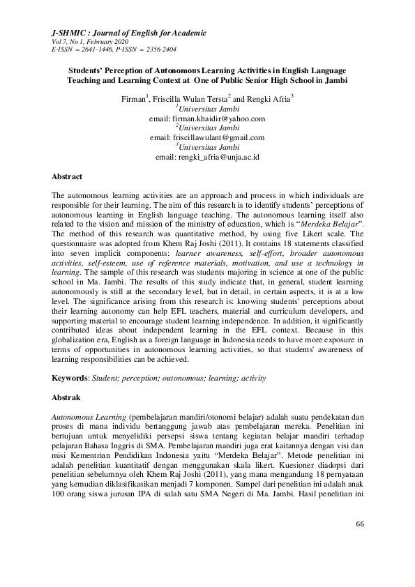 (PDF) Students’ Perception of Autonomous Learning Activities