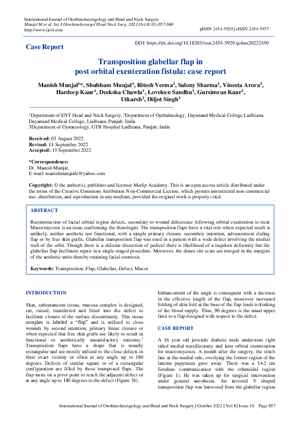 (PDF) Transposition glabellar flap in post orbital exenteration fistula ...